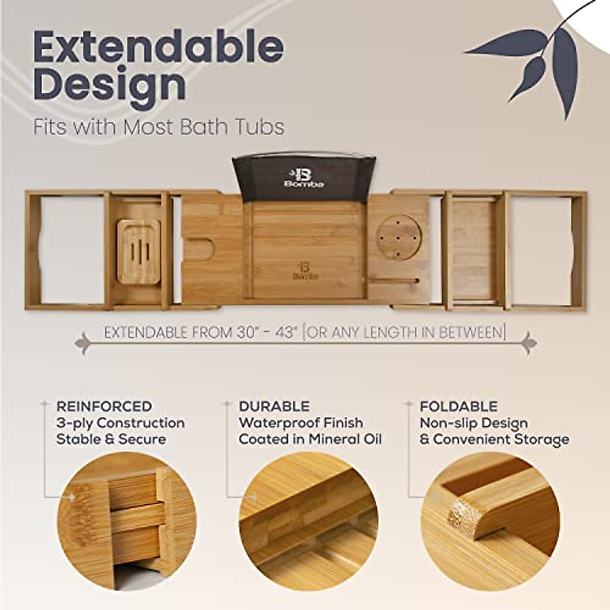 Bomba Bathtub Caddy – Natural Bamboo Bathtub Tray with Soap Holder – Durable Anti-Slip Bathtub Caddy Organizer – Extendable Bathroom Tray – Eco-Friendly and Safe Bamboo Organizer Tray