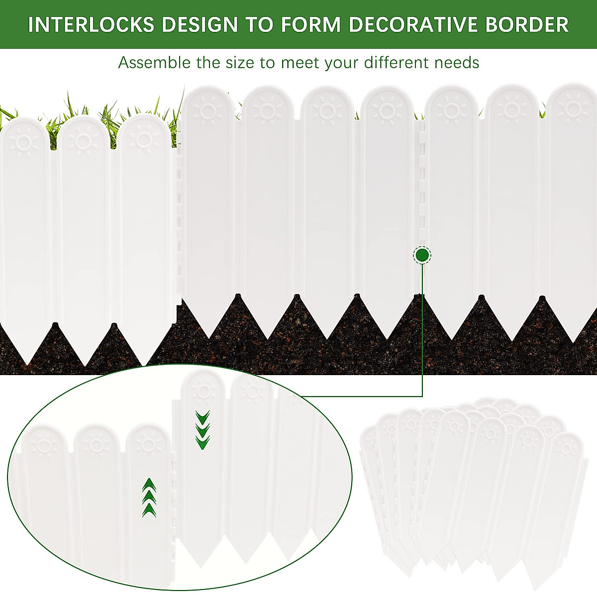 EEOCWF 10PCS White Garden Edging Borders, 8.66"X8.66" Plastic Garden Landscape Edging, 7.2ft Interlocking Decorative Garden Fences Edging, Lawn Edge Flower Bed Border for DIY Patio Walkways Yard