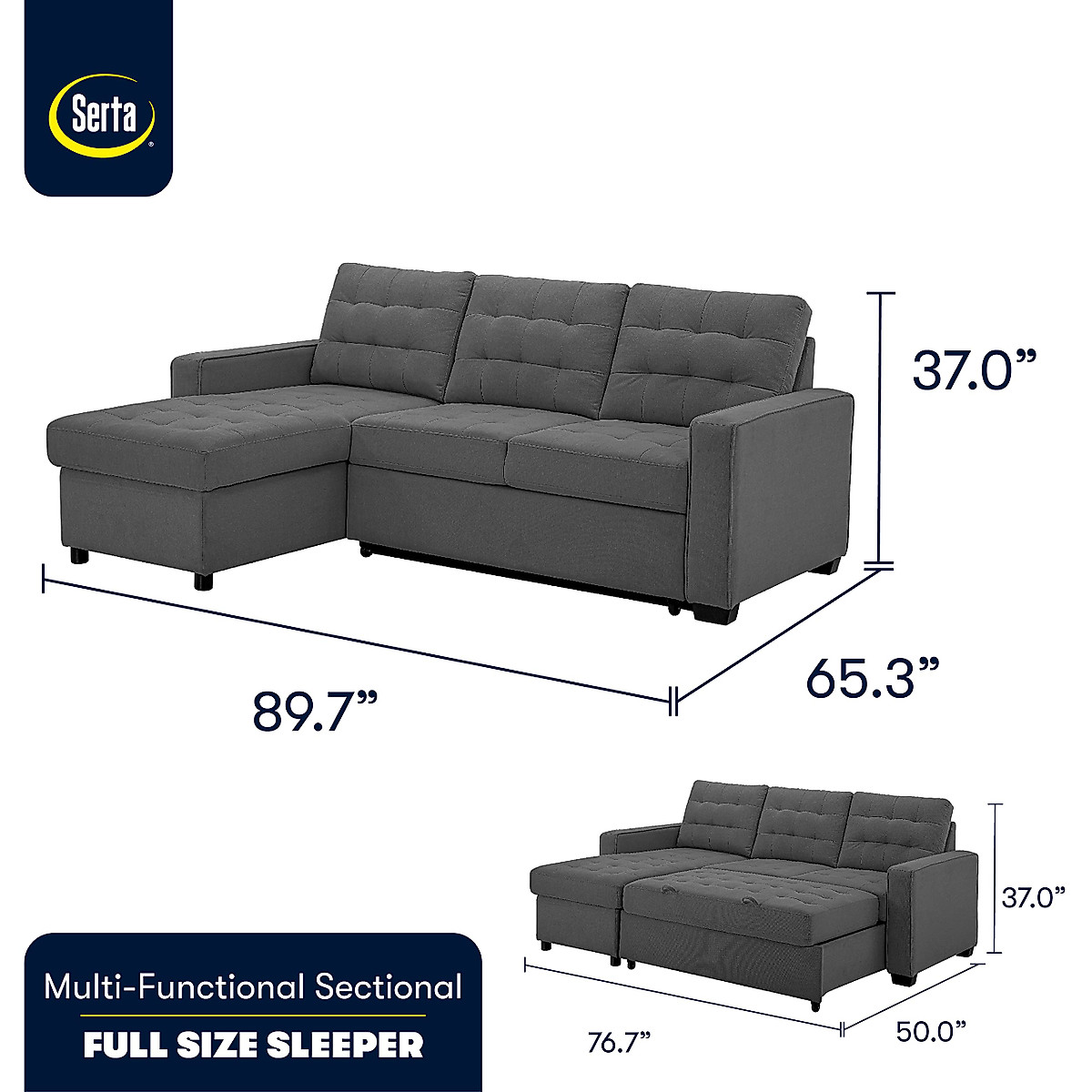 Serta Dreamlift Bakersfield Sectional Sofa Bed, Steel Grey