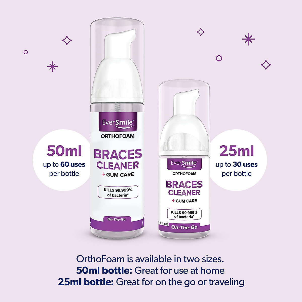 EverSmile OrthoFoam Braces Cleaner — Brushable Foam Whitens Teeth, Eliminates Bacteria, Fights Plaque and Bad Breath – Cleans Under Metal, Ceramic, Clear Brackets and Wires – 50ml