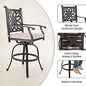MFSTUDIO Cast Aluminum Bar Height Outdoor Bar stools Set of 2, Swivel Patio Chairs with Extra Wide Seat and Cushion, Brown