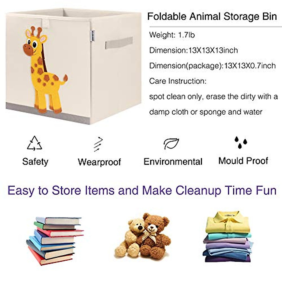 CLCROBD Foldable Animal Cube Storage Bins Fabric Toy Box/Chest/Organizer for Kids Nursery, 13 inch (Elegant Giraffe)
