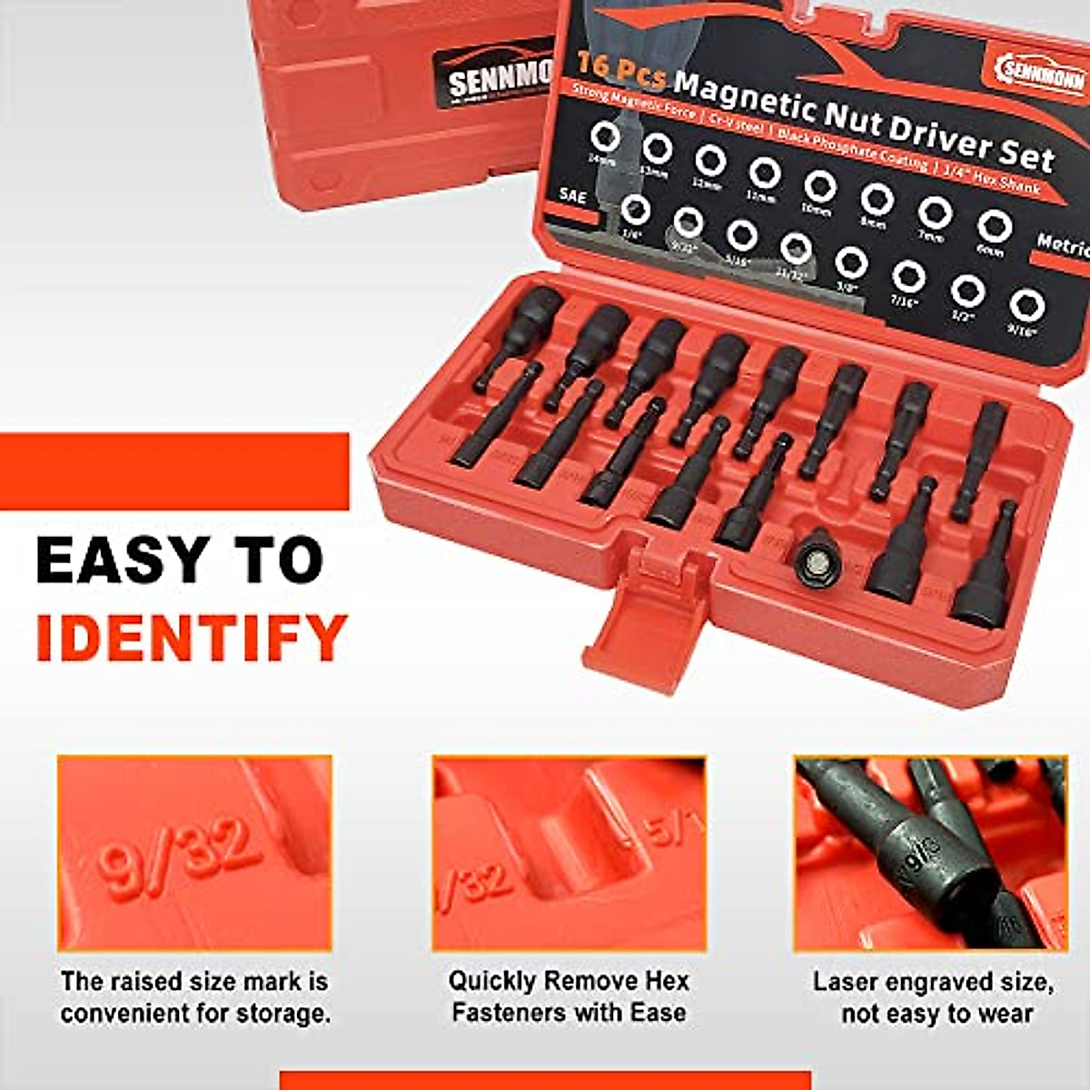 SENNMONN 16-Piece Magnetic Hex Nut Driver Set, Quick-Change 1/4" Hex Shank, Metric and SAE, Cr-V Steel, Nut Driver Set for Impact Drill