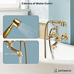 gotonovo Wall Bathtub Faucet Set with HandHeld Shower Spray Antique brass Double Cross Handle 2 Functions Wall Mount 360 Swivel Mixer Tub Filler Spout Vintage Bathroom