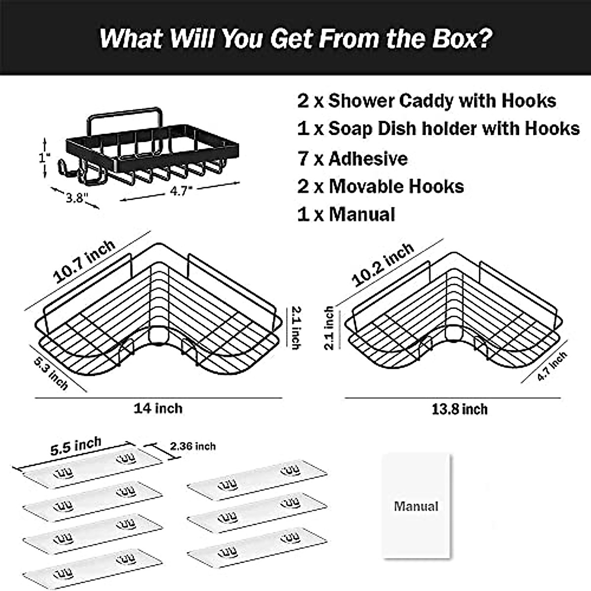 Corner Shower Caddy Shelf with Adhesive Hooks and Soap Dish,No Drilling RustProof Stainless Steel Shower Basket Shelves for Bathroom Storage Organizer
