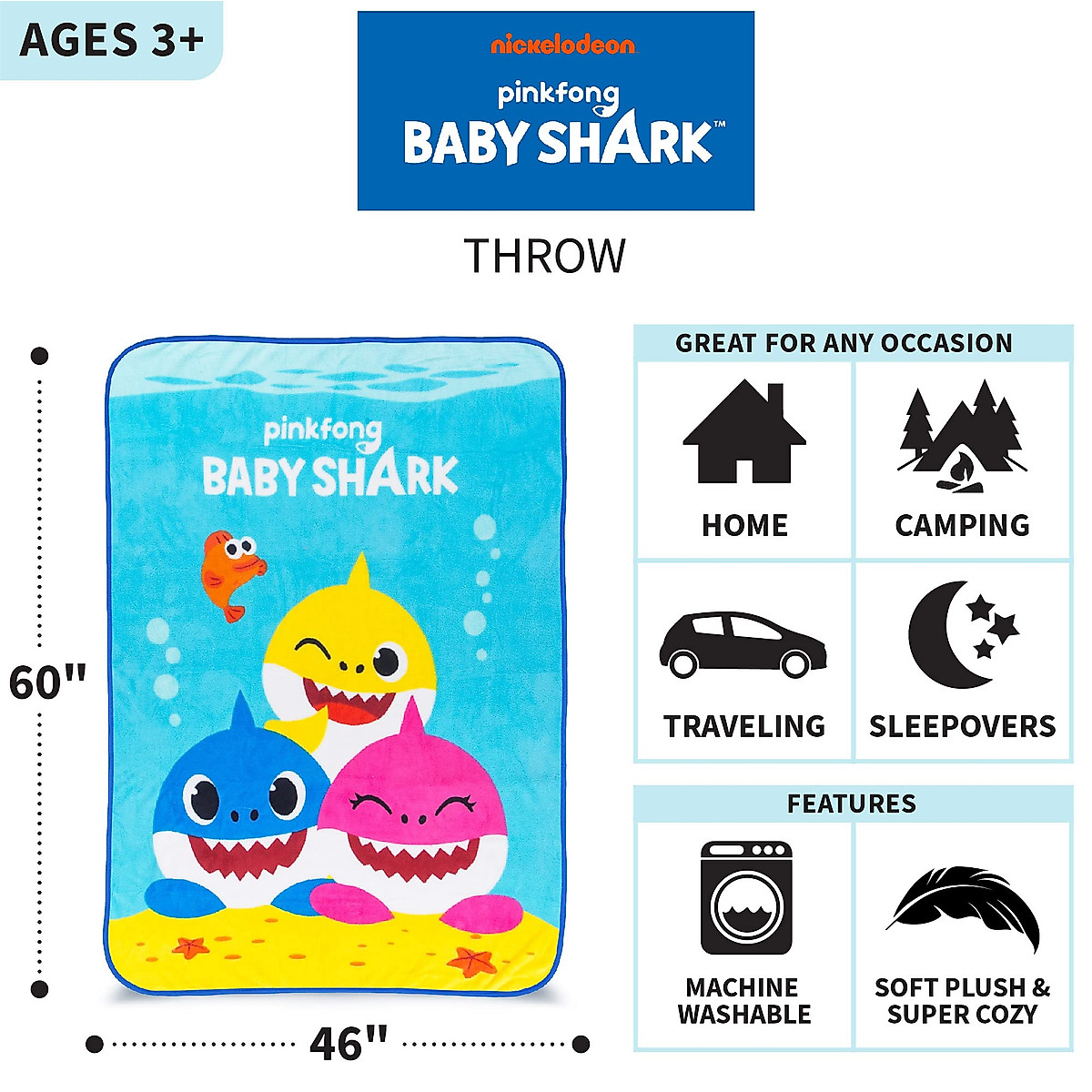 Franco Kids Bedding Super Soft Micro Raschel Throw, 46 in x 60 in, Baby Shark