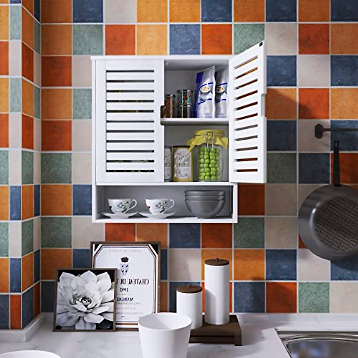 SMIBUY Bathroom Cabinet Wall Mounted, Bamboo Over-The-Toilet Storage Organizer, Space Saver Medicine Cabinet with 2 Door and Adjustable Shelves (White)