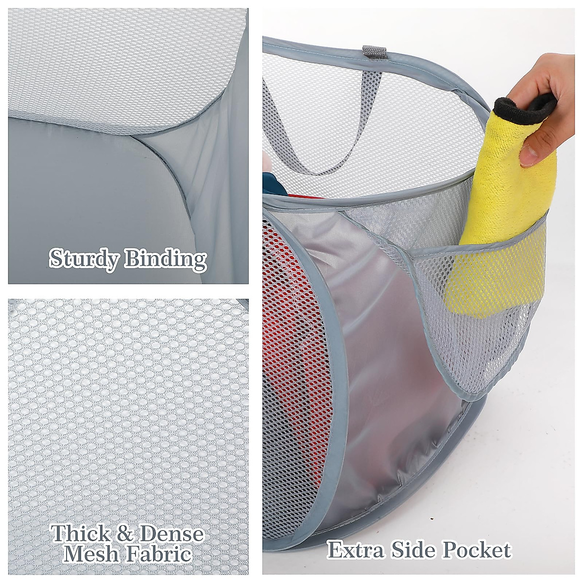 Sturdy Mesh Laundry Basket Pop Up Laundry Hamper with Handles Foldable Laundry Hamper Side Pocket Horizontal Popup Mesh Hamper Bag Removable Clothes Storage Bin for College Drom Bathroom Travel