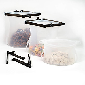 (Set of 3) Leak-proof Seal Lock Reusable Silicone Food Storage Bag. Heavy-Duty Airtight, Flat stand-up base. Store, Microwave and Freeze (Sizes in set 1.5 liter - 1 liter - 1/2 liter)