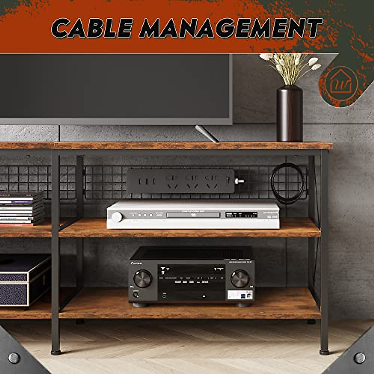 WLIVE TV Stand for 65 70 inch TV, Entertainment Center with Cable Management, TV Console with Storage Shelves, Steel Frame, Wood Board, for Living Room, Rustic Brown
