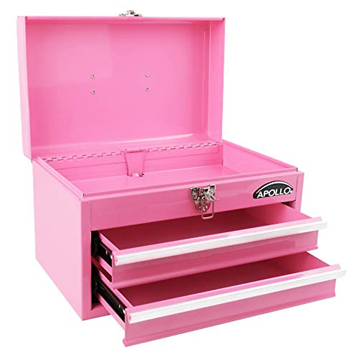 Apollo Tools 14 Inch Steel Tool Box with Deep Top Compartment and 2 Drawers in Heavy-Duty Steel With Ball Bearing Opening and Powder Coated Finish - Pink Ribbon - Pink - DT5010P