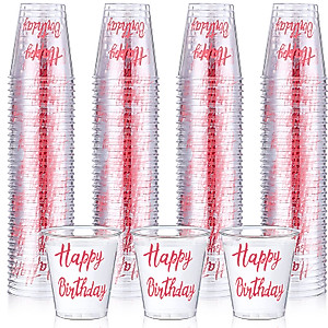 Lallisa 100 Pcs Happy Birthday Plastic Disposable Shot Cups 2 oz Birthday Shot Glass Drinking Tasting Serving Snacks Samples Cups forParty Favors Happy Wedding Supplies(Pink)