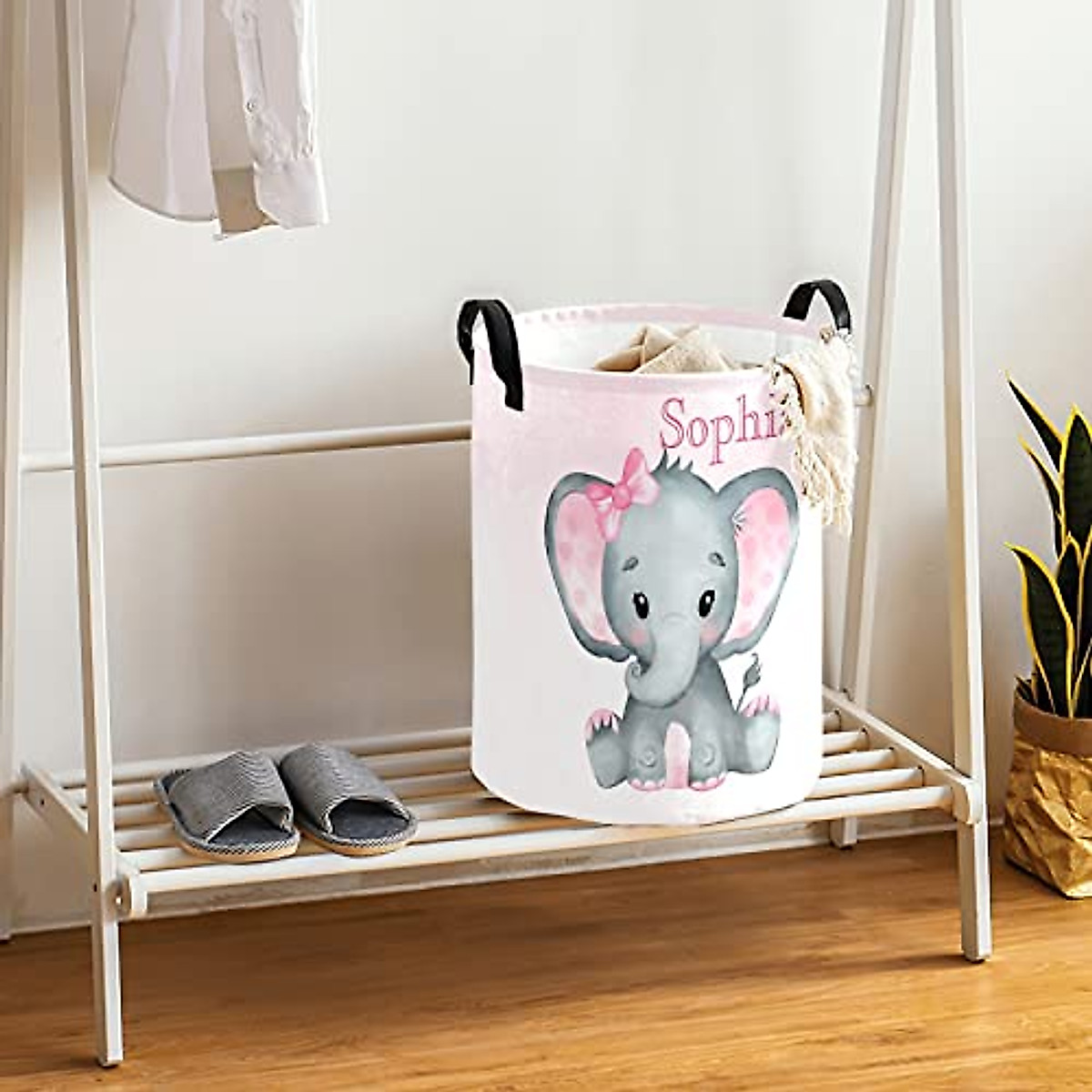 Cute Elephant Gradient Large Laundry Basket Custom Name Foldable Clothes Bag Collapsible Fabric Laundry Hamper Folding Washing Bin for Gift