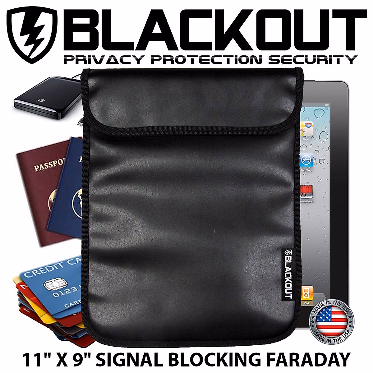 BLACKOUT RFID Blocking Faraday Cage Privacy Bag EMP Bag Combo for Laptops, Tablets Smartphones TB Hard Disk SSL Drives iPad iPhone Galaxy Passports Credit Cards