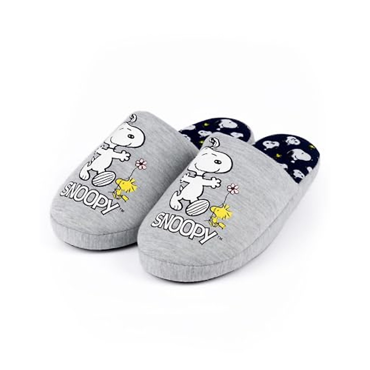 PEANUTS Snoopy Womens Slippers in Grey Marl | Ladies Snoopy & Woodstock Cartoon Footwear | Slip On House Shoes Nightwear