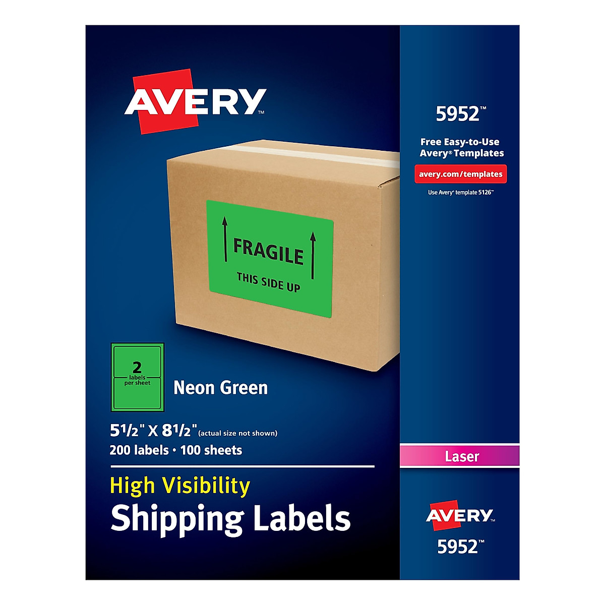 Avery Neon Shipping Labels for Laser Printers, 5-1/2" x 8-1/2", 200 Green Labels (5952)