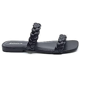 Soda VAULT Women's Square Open Toe Flat Sandals Braided Strap Slip-on Slides Woven Sandals (5.5, BLACK PU, numeric_5_point_5)
