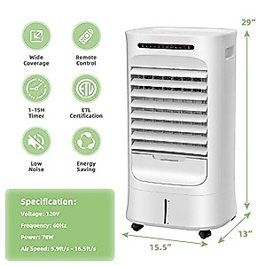 COSTWAY Evaporative Air Cooler, Portable Cooling Fan & Humidifier with Remote, 15H Timer, 63° Oscillation, 3 Modes, 3 Speeds, 2.6 Gal Water Tank, LED Display, Quiet Swamp Cooler for Bedroom Office