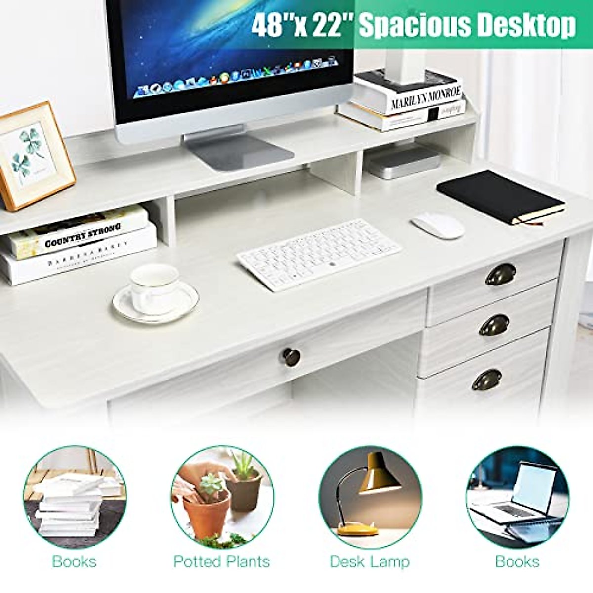 GLOBALWAY 2 Tier Shelves, Study and Writing Three Side, Laptop Table with a Smooth Slide-Out Long Drawer, for Home &Office Computer Desk, White