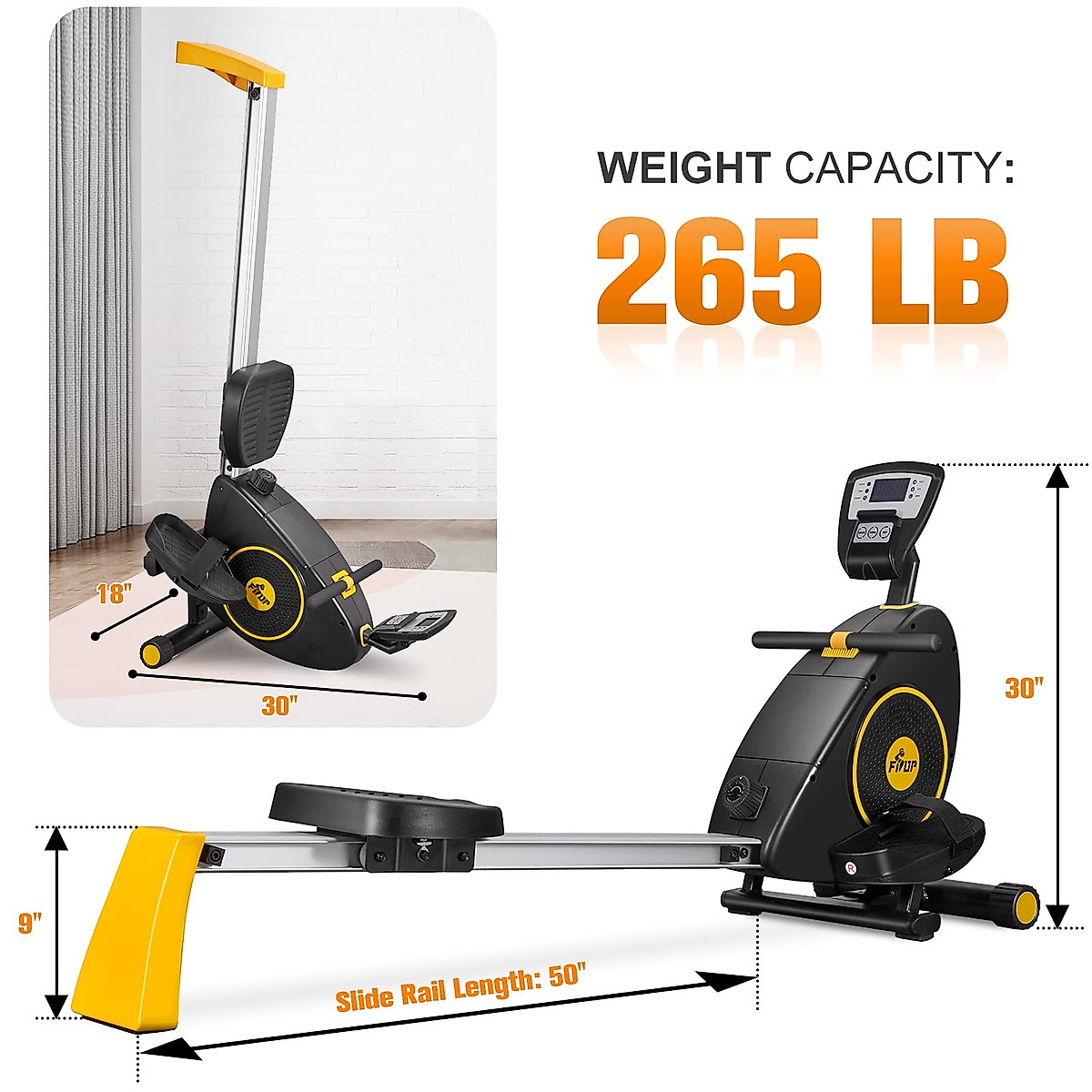 FISUP Rowing Machine 265LB Weight Capacity for Home Use with LCD Monitor and Comfortable Seat Cushion,50 Inch Slide Rail Indoor Rowing Machine for Cardio Training