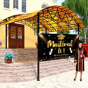 Labakita Mastered It Backdrop Banner, Masters Graduation Decorations, Masters Degree Graduation Banner, Graduation Decorations 2024, Graduation Party Indoor/Outdoor Decorations（Black and Gold）