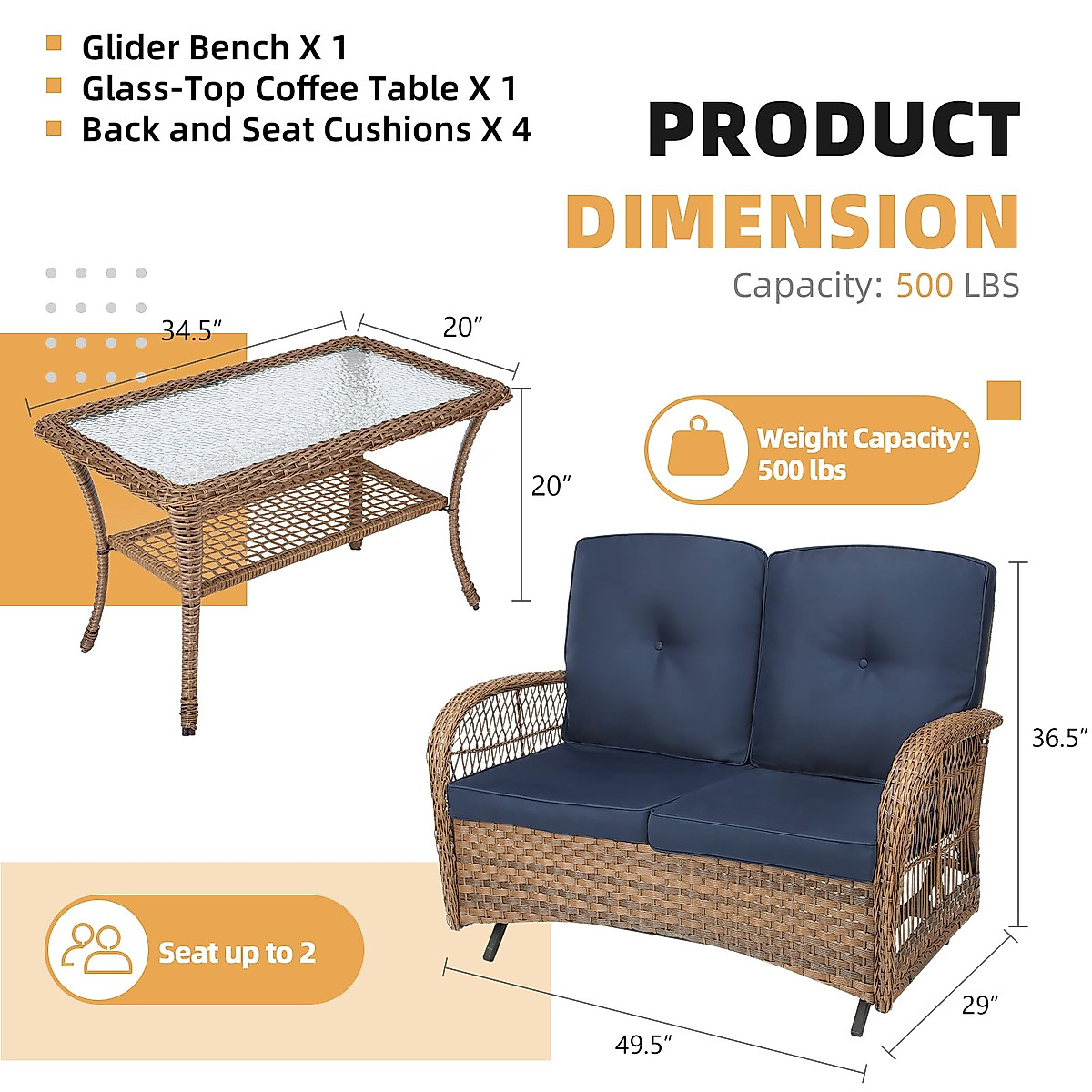 W WARMHOL 2-Person Outdoor Glider Bench Patio Double Swing Rocking Chair with Glass-Top Coffee Table, Patio Glider Wicker Porch Loveseat Seating Patio Steel Frame Chair Set with Cushion, Navy Blue