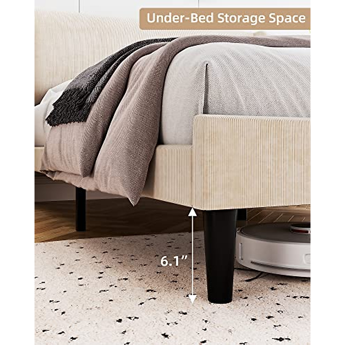 Homhougo Queen Bed Frame, Upholstered Platform Bed with Wingback Headboard, Velvet Upholstered Bed Frame with 2 Storage Pockets, Strong Wooden Slat Support, Easy Assembly, Box Spring Optional, Beige