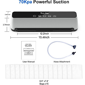 Vacuum Sealer, 80 Kpa One-Touch Full Automatic Vacuum Sealer with LED Touch Screen Indicator Lights, 15 Seal Bags & 1 Air Suction Hose, Air Sealing System for Food Storage Dry/Moist Modes