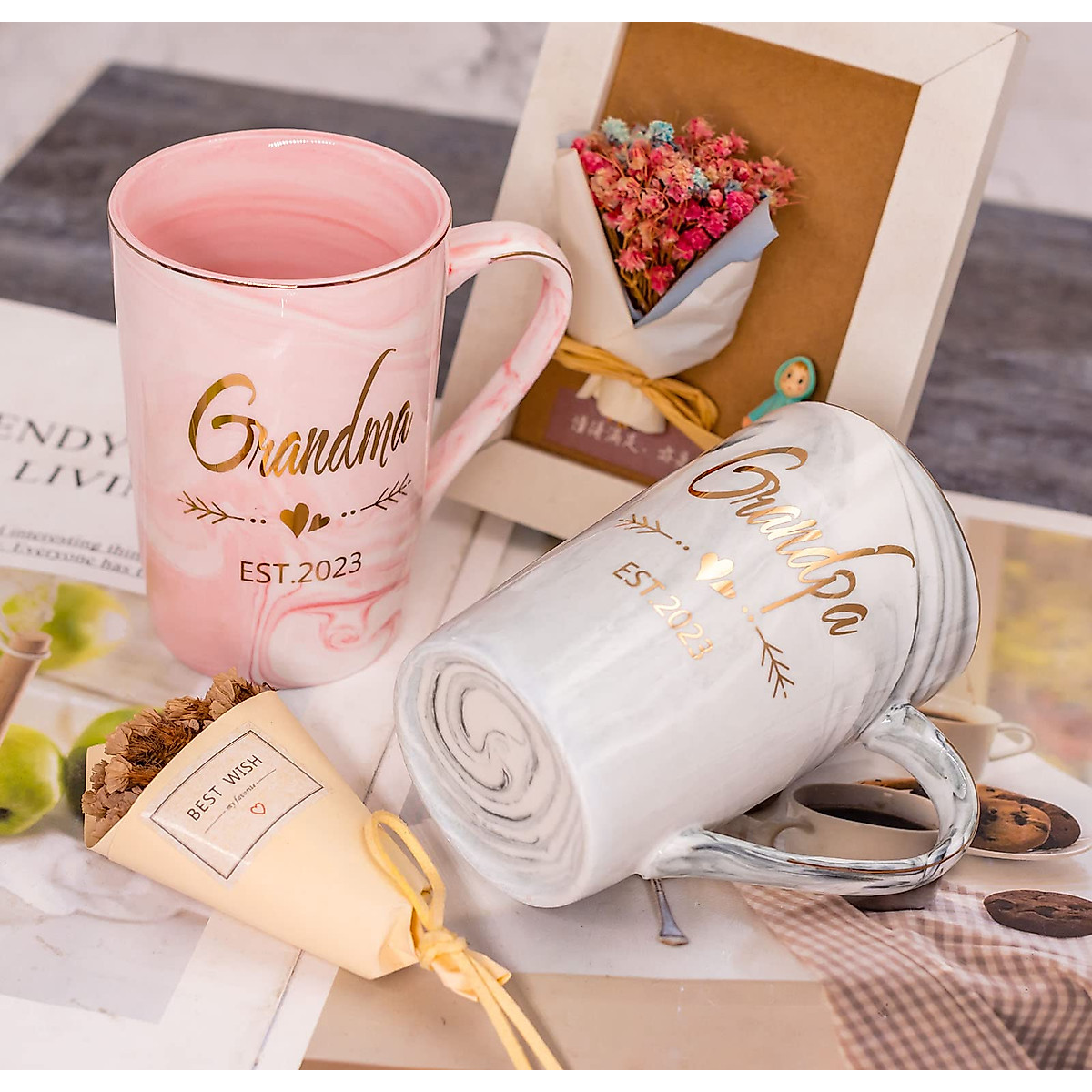 Mugpie Grandma and Grandpa EST 2023 Mugs - New Grandparent Announcement First Time Pregnancy Gifts Coffee Mug Set- Elegant Gifts for Baby Shower Mother's Day Father's Day - 12.5oz Ceramic Coffee Cup