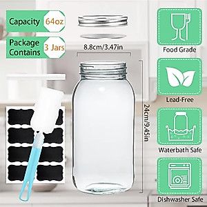 Ltzmcmy 64 oz Mason Jars Wide Mouth,3 Pack Large Half Gallon Mason Jar with Airtight Lids,Air Tight Glass Pickling Jars for Canning,Fermenting,Food Storage