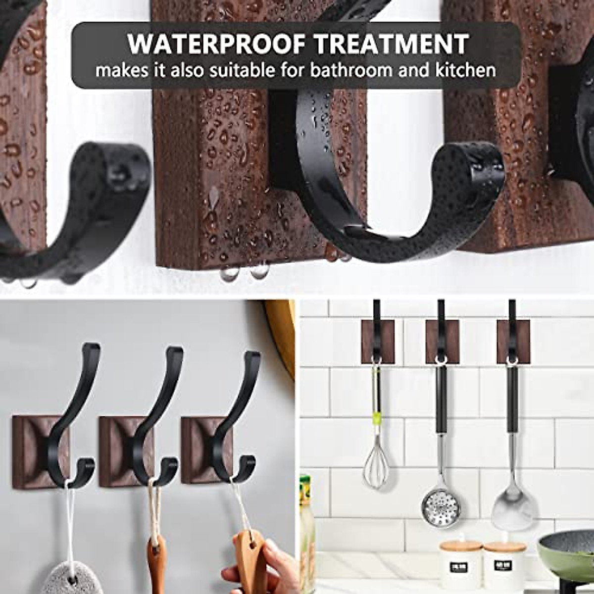 Wood Wall Hooks, 3 Pack Wall Hooks Heavy Duty, Rustic Wood Hooks Wall Mounted, Wall Hooks for Hanging Coat, Towel, Keys, Hat, Umbrella, Bag, Rag and Kitchen Utensils