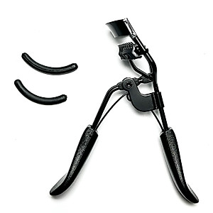 Eyelash Curler with Built in Comb, Eyelash Comb Curlers with Brush Mascara Applicator with 2 Replacement Silicone Refill Pads Separates False Lashes Makeup Tool Stainless Steel Metal Black