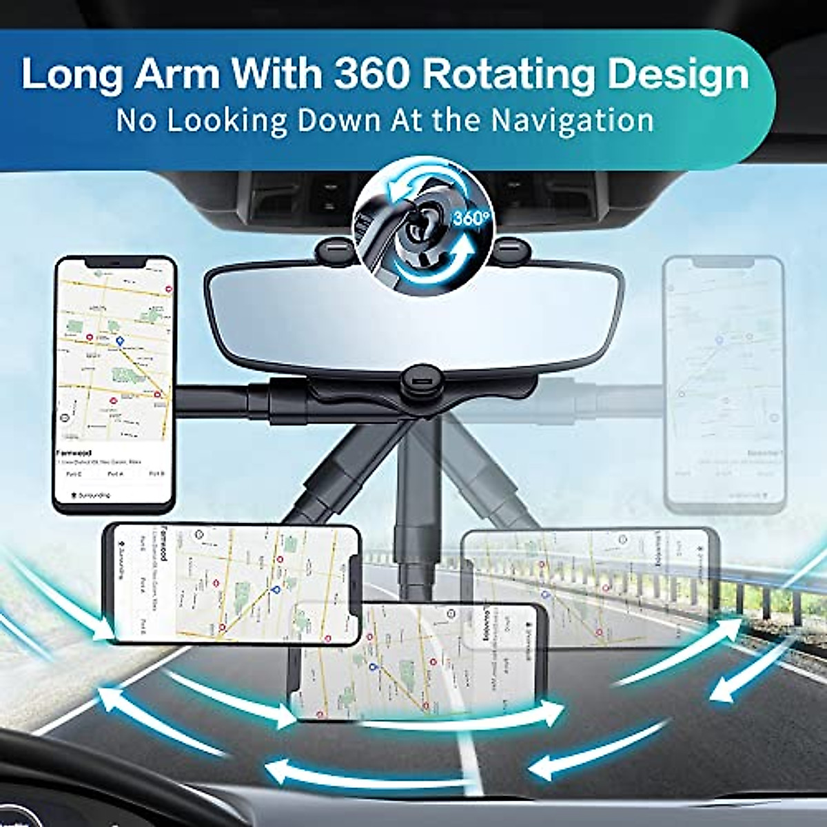 BEENLE Upgraded Rearview Mirror Magnetic Phone Holder Mount for Car, Rotatable and Retractable Car Phone Holder, Strong Magnet Cell Phone Holder Car Cradle Fit All Mobiles & Vehicles