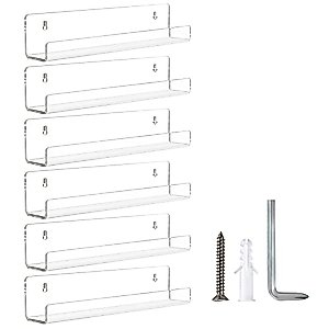 LileZbox Acrylic Clear Floating Shelves, Wall Mounted Acrylic Invisible Bookshelf,Spice Rack Organizer,Storage Shelves Display Organizer on Kids Room, Bathroom, Kitchen, Bedroom (6, 15 x 4.3 inch)