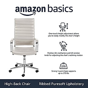 Amazon Basics High-Back Swivel Desk Chair, Ergonomic Ribbed Faux Leather Upholstery, Lumbar Support, Home Modern Style, Stunning White, 45.25" x 24.75" x 23.25"