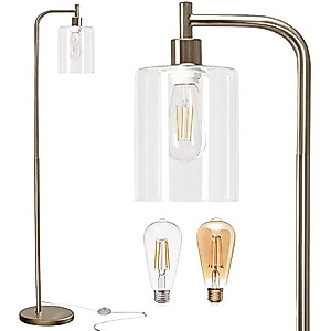 addlon LED Floor Lamp, with Hanging Glass Lamp Shade and 2 Distinctive LED Bulbs for Bedroom and Living Room, Modern Standing Industrial Lamp Tall Pole Lamp for Office, Bronze
