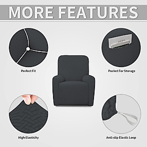 Easy-Going Stretch Jacquard Recliner Couch Cover, 4-Piece Soft Sofa Cover, Sofa Slipcover with Elastic Loop, Washable Furniture Protector for Kids, Pets, Dogs, Cats (Recliner, Dark Gray)