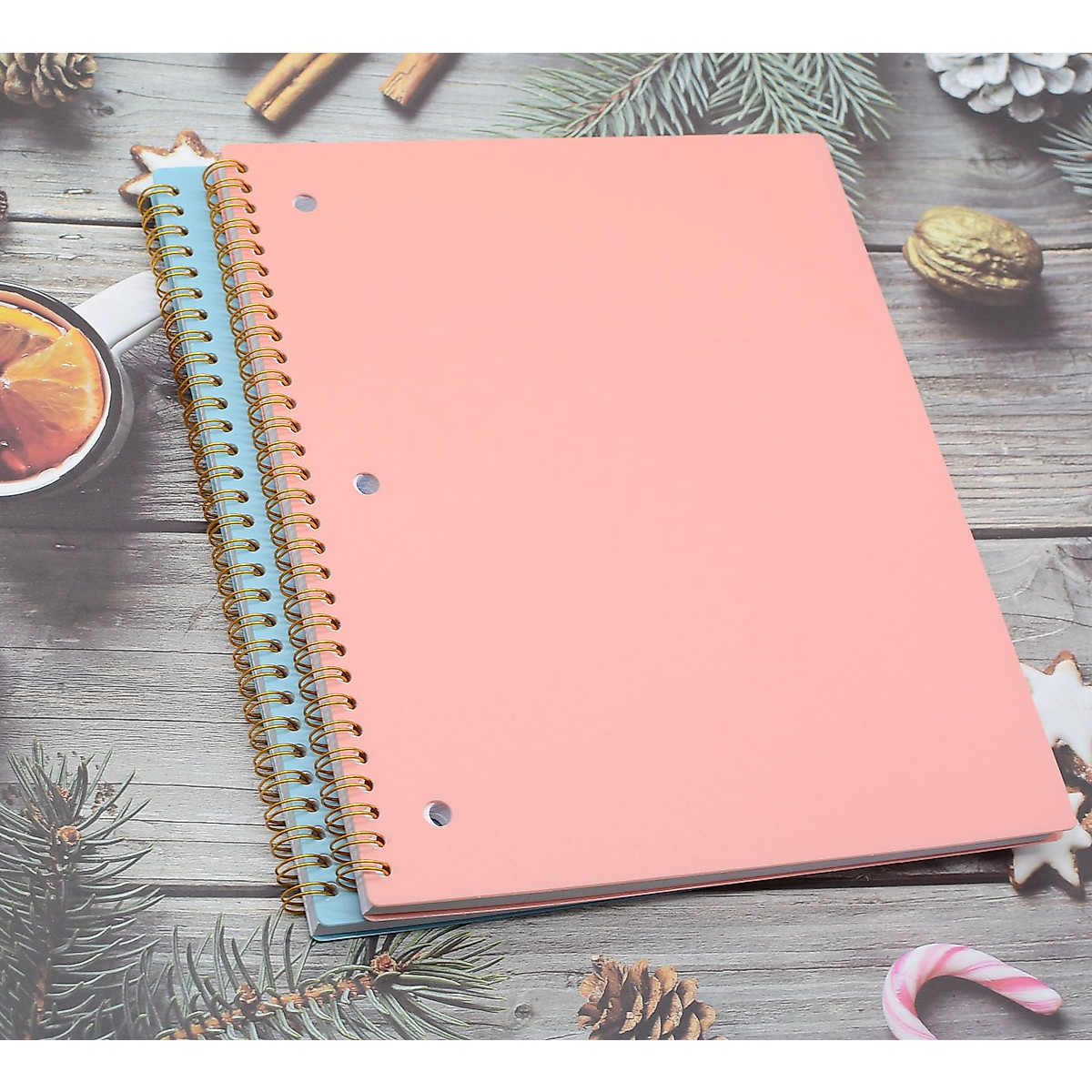 YIKANGHENG Tearable Loose-leaf Spiral Notebook, 2 Pcs 2 Color 3 Punch Design 10.5 Inch x 8.27 Inch Hard Plastic Cover 80 Sheets (160 Pages) 80 GSM for Study and Office Supplies (Blue and Pink)