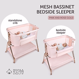 KOOLABABY Baby Bedside Sleeper - Bassinet & Bedside Crib with Height Adjustment & Wheels - Can Be Placed Next to Bed - Attaches to Parents Bed - Easy to Fold & Carry Baby Bed for Girls (Pink)