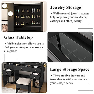 Vanity Desk with Lighted Mirror & Power Outlet, Makeup Vanity Table with 5 Drawers & 2 Cabinets, Large Vanity Set with Stool, Glass Top, Sliding Jewelry Storage Shelves, for Women Girls, Black