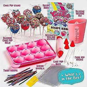 GirlZone Cake Pop Craze Kit, Kids Baking Set for Kids Ages 10-12 with Cake Pop Mold, Cake Pop Kit Stand, Cake Pop Gift Bags and Decorating Pen, Awesome Baking Gifts for Kids and Cakepops Molds Set