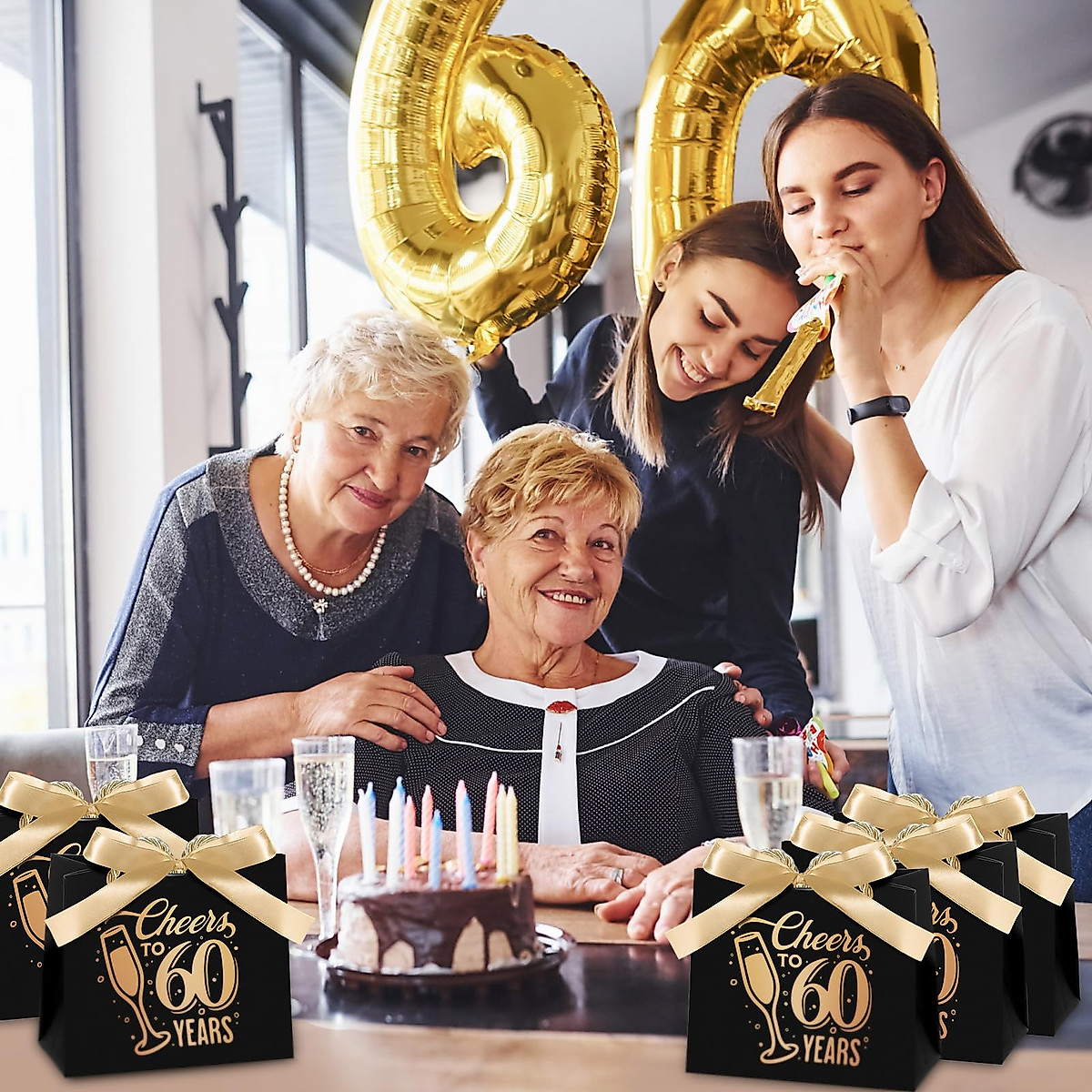 Clysee 25 Pcs Birthday Gift Bags with Handles Black and Gold Party Favor Bags Bulk for Birthday Wedding Anniversary Supplies Decorations, 5.51 x 2.36 x 4.72 Inches(Cheers to 60)