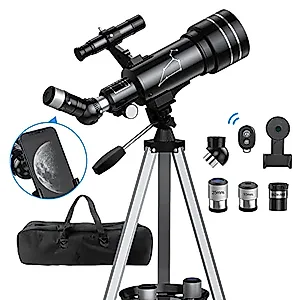 Telescope 70mm Aperture 400mm - for Adults & Kids, Refracting Portable Telescopes for Adults Astronomy Beginners Telescope with Tripod, Phone Adapter, Wireless Remote, Carrying Bag Black