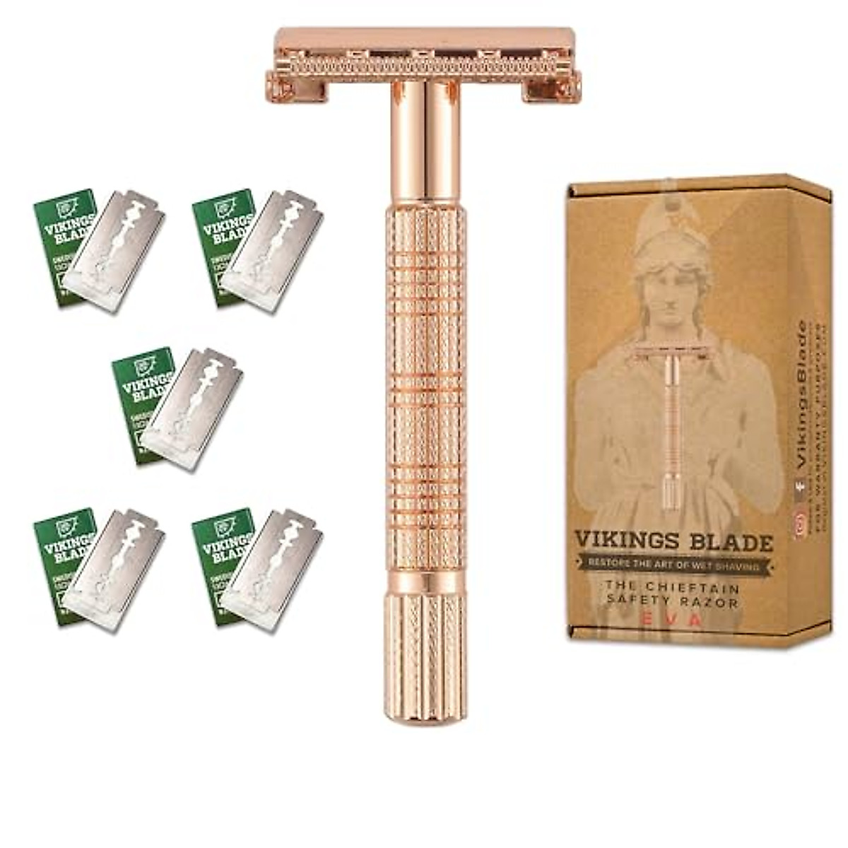 VIKINGS BLADE Safety Razor for Women + 5 Swedish Steel Blades. Quick Release Head, Double Edge. Smooth, Reusable, Eco-Friendly (Model: Eva)