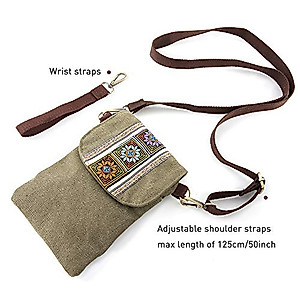 Vintage Embroidered Canvas Small Flip Crossbody Bag Cell Phone Pouch for Women Wristlet Wallet Bag Coin Purse (ArmyGreen 01)