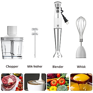 Immersion Hand Blender, UTALENT 5-in-1 8-Speed Stick Blender with 500ml Food Grinder, BPA-Free, 600ml Container,Milk Frother,Egg Whisk ,Puree Infant Food, Smoothies, Sauces and Soups - White