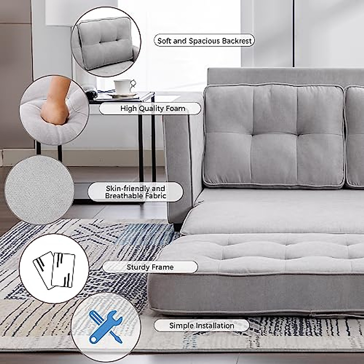 3 Fold Upholstered Futon Sofa Convertible Floor Sofabed ,Foldable Tufted Loveseat with Pull Out Sleeper Couch Bed, Space Saving Love Seat Daybed W/Side Pockets for Apartment Office Home Living Room
