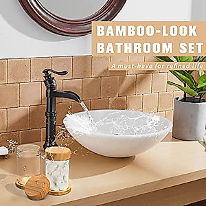 Homesweet Qtip Holder Bathroom Set, 2 Bathroom Jars with Tray, 11oz Plastic Airtight Jars Perfect for Family with Kids, Moisture-Proof, Bamboo Tray with Non-Slip Pads, Wood Color