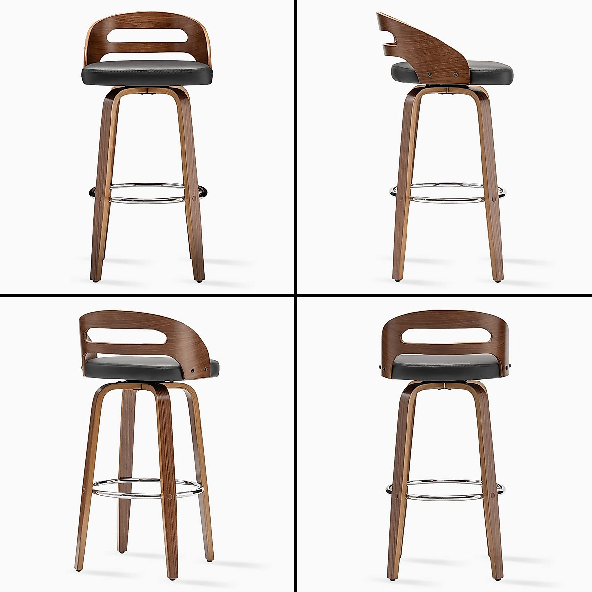 Bar Stools Set of 2, Swivel Bar Height Stools with Walnut Bentwood, Low Back, Upholstered Faux Leather, Soft Cushion Seat, Mid Century Bar Stools for Kitchen/Island/Counter (Black, 30" Seat Height)