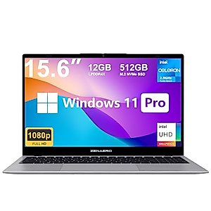 ZENAERO 15.6" Windows 11 Pro Laptop Computer 12GB RAM 512GB SSD, Intel Celeon N5095(4C4T, up to 2.9Ghz) IPS Display, HDMI, Dual and WiFi, BT4.2 Light and Thin Notebook PC for Work, School Student